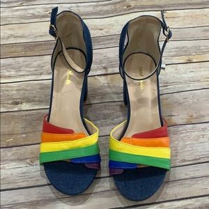 Modcloth | Shoes | Modcloth Rainbow Denim Sandal Heels Nwot | Poshmark
